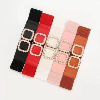 China Ladies Style Fashionable Multi-Color Fashion Waist Belt Square Pearl Buckle Elastic Wide Belt for sale