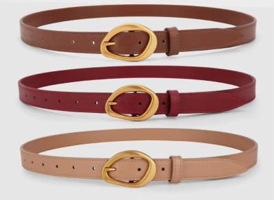 China Thin Adjustable Belt Genuine Leather Belts for Women Matte Gold Oval Buckle Belts for Dresses for sale
