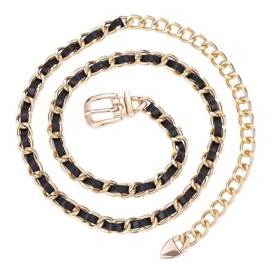 China Customs Adjustable Waist Chain Belt PU Inter woven Gold Link Design Waist Chain Stainless Steel for sale
