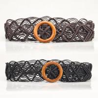 China Vintage Woven Women Belt Bohemian Macrame Waist Belt Wooden Buckle For Summer Outfits Elastic Belts for sale
