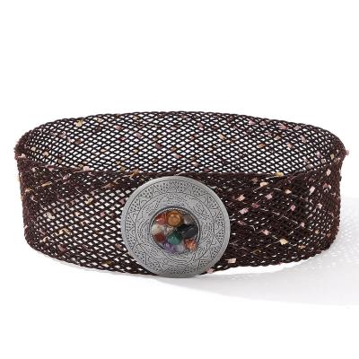 China Lingshang Belt Factory Custom Silver Round Engraved Buckle Wide Waist Strap Woven Belt Brown Mesh Braided Ladies Belts Antique for sale