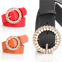 China Lingshang leather Factory Ladies Belt With  Pearl Buckle Inlaid Rhinestone Fashion Sweet For Women for sale