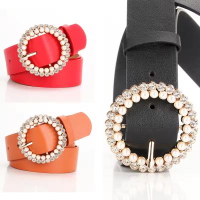 China Lingshang leather Factory Ladies Belt With  Pearl Buckle Inlaid Rhinestone Fashion Sweet For Women for sale