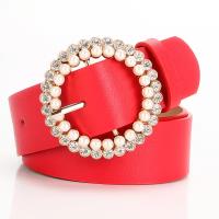 China Lingshang leather Factory Ladies Belt With  Pearl Buckle Inlaid Rhinestone Fashion Sweet For Women for sale