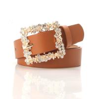 China Square Crystal Buckle PU Leather Strap Belt Factory Rhinestone Belt Custom Belt  PU Strap Casual Waist Belt for sale
