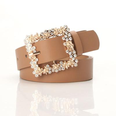 China Square Crystal Buckle PU Leather Strap Belt Factory Rhinestone Belt Custom Belt  PU Strap Casual Waist Belt for sale