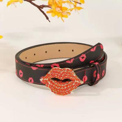 China Rhinestone Belt With Red Sparkling Lip Buckle Printed & Croc PU Fashion Party Statement Accessory for sale