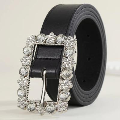 China Rhinestone Belt PU Solid Black PU Strap Sparkling All-Around Gem Encrusted Square Pin Buckle For Dress & Jeans Factory Price for sale