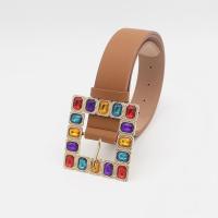 China Fashion Luxury Decorative Rhinestone Oversized Pin Buckle Full Multicolor Crystal Inlay Solid PU Strap Decor Casual PU Waist Belt for sale