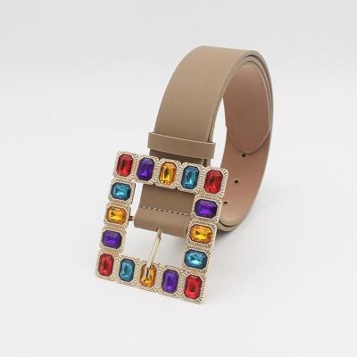 China Fashion Luxury Decorative Rhinestone Oversized Pin Buckle Full Multicolor Crystal Inlay Solid PU Strap Decor Casual PU Waist Belt for sale