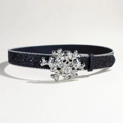 China Fashion Western Style Sparkling Rhinestone Skull Belt Fashion Black Glitter Women's Belt for Gothic Punk Streetwear & Party for sale