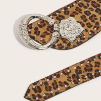 China Women PU Belt Leopard Pattern Studded Rhinestone Ornate Faux Leather Belts with Circle Buckle for sale