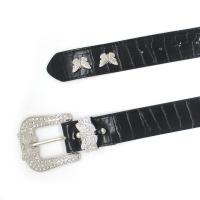 China Custom PU Belt Western Style Rhinestone Buckle Crocodile Embossed Black PU Strap Women Party Sparkly Design Waist Belt for sale