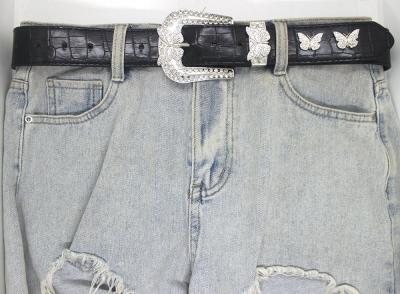 China Custom PU Belt Western Style Rhinestone Buckle Crocodile Embossed Black PU Strap Women Party Sparkly Design Waist Belt for sale