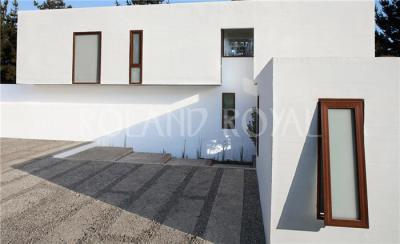 China Wood Color Swing Double Glazed Aluminum Windows 65mm Depth For Villas for sale