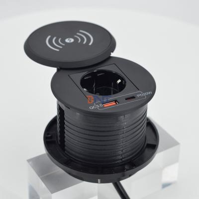 China office furniture round qi wireless charger with EU power outlet & usb a+c for sofa coffee table charging station for sale