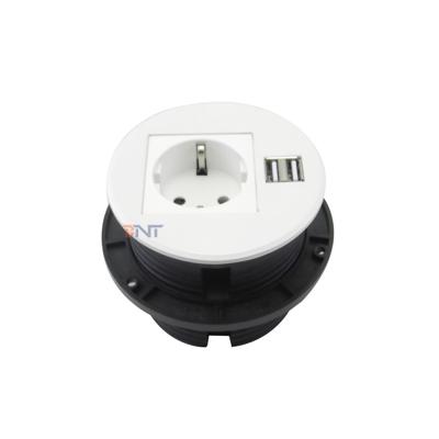 China Office Furniture Desk Hide Mounted 80mm Hole Sliding Cover Germany Power Round Grommet Socket With 2 USB Chargers for sale