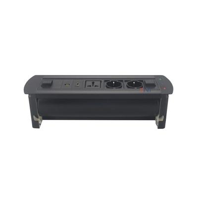 China Black Aluminum Motorized Rotating Flip Up Hidden Desk Power Socket for sale