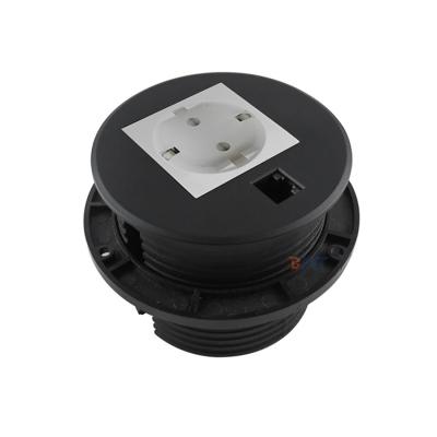 China 3.15 Inch Cutout Hole Hidden Desk Plug Power Strips With 1 EU Power And 1 Internet RJ45 for sale