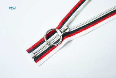 China Ring Pull Head Striped Heavy Duty Metal Zippers Platinum Plated for sale