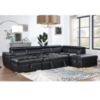 China U-Shaped Sectional Sleeper Sofa with Pull Out Bed and Storage Chaise Lounge and Adjustable Headrests, Black Breathable Leatherette for sale