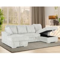 China U-Shaped Sectional Sleeper Sofa with Pull Out Bed and Storage Chaise and Cup Holders, Light Gray Corduroy Fabric for sale