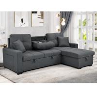 China L-Shaped Reversible Sectional Sleeper Sofa with Pull-Out Bed and Storage, Neutral Gray Fabric for sale