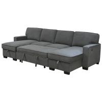 China U-Shaped Sectional Sleeper Sofa with Pull Out Bed and Storage Chaise and USB Charging Port and 1 Reversible Drop Down Table, Gray Chenille for sale