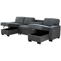 China U-Shaped Sectional Sleeper Sofa with Pull Out Bed and Storage Chaise and USB Charging Port and 1 Reversible Drop Down Table, Gray Chenille for sale