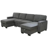 China U-Shaped Sectional Sleeper Sofa with Pull Out Bed and Storage Chaise and USB Charging Port and 1 Reversible Drop Down Table, Gray Chenille for sale