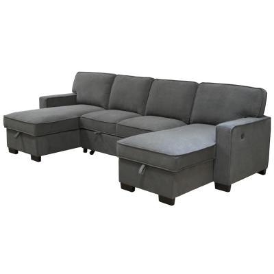 China U-Shaped Sectional Sleeper Sofa with Pull Out Bed and Storage Chaise and USB Charging Port and 1 Reversible Drop Down Table, Gray Chenille for sale