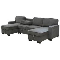 China U-Shaped Sectional Sleeper Sofa with Pull Out Bed and Storage Chaise and USB Charging Port and 1 Reversible Drop Down Table, Gray Chenille for sale