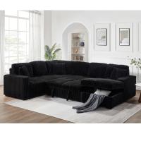 China U-Shaped Sectional Sleeper Sofa with Pull Out Bed and Storage Chaise Lounge and USB Charging Port, Black Corduroy Fabric for sale
