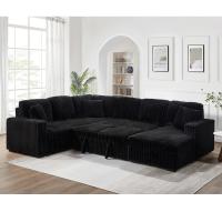 China U-Shaped Sectional Sleeper Sofa with Pull Out Bed and Storage Chaise Lounge and USB Charging Port, Black Corduroy Fabric for sale