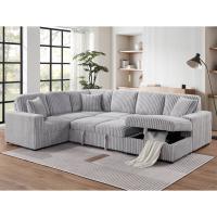 China U-Shaped Sectional Sleeper Sofa with Pull Out Bed and Storage Chaise Lounge and USB Charging Port, Gray Corduroy Fabric for sale