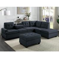 China L Shaped Sectional Sofa with Dropdown Table and Reversible Chaise and Storage Ottoman, Dark Blue Linen for sale