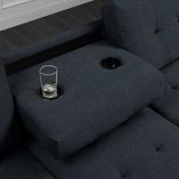 China L Shaped Sectional Sofa with Dropdown Table and Reversible Chaise and Storage Ottoman, Dark Blue Linen for sale