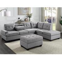 China L Shaped Sectional Sofa with Dropdown Table and Reversible Chaise and Storage Ottoman, Gray Linen for sale
