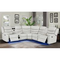 China Power Recliner Corner Sofa with 2 Power Recliner Seats and Storage Box and Bluetooth Audio Speaker and LED Light, Beige Breathable Leatherette for sale