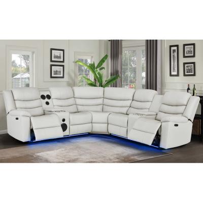 China Power Recliner Corner Sofa with 2 Power Recliner Seats and Storage Box and Bluetooth Audio Speaker and LED Light, Beige Breathable Leatherette for sale