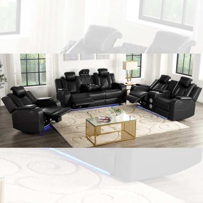 China Power Recliner Sofa set with Power Recliner Seats and Power Headrests and Dropdown Table and Speaker and Storage and LED Light, Black Leatherette for sale