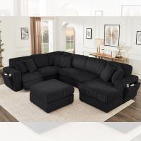 China Recliner Sofa set with Hidden Cup Holder and Wireless Charger, Black Corduroy Fabric for sale