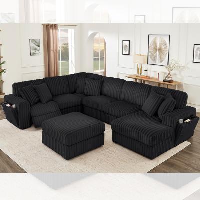 China Recliner Sofa set with Hidden Cup Holder and Wireless Charger, Black Corduroy Fabric for sale