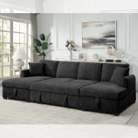 China U-Shaped Sectional Sleeper Sofa with Pull Out Bed and Storage Chaise, Black Sherpa Fabric for sale
