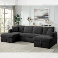 China U-Shaped Sectional Sleeper Sofa with Pull Out Bed and Storage Chaise, Black Sherpa Fabric for sale