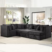 China U-Shaped Sectional Sleeper Sofa with Pull Out Bed and Storage Chaise Lounge, Black Fabric for sale