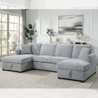 China U-Shaped Sectional Sleeper Sofa with Pull Out Bed and Storage Chaise, Gray Sherpa Fabric for sale