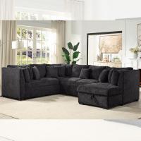 China U-Shaped Sectional Sleeper Sofa with Pull Out Bed and Storage Chaise Lounge, Black Fabric for sale