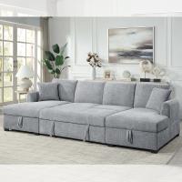 China U-Shaped Sectional Sleeper Sofa with Pull Out Bed and Storage Chaise, Gray Sherpa Fabric for sale