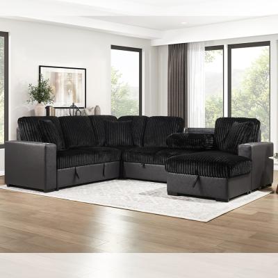 China U-Shaped Sectional Sleeper Sofa with Pull Out Bed and Storage Chaise Lounge and Storage Loveseat and Dropdown table and USB Charging Port, Black Fabric for sale